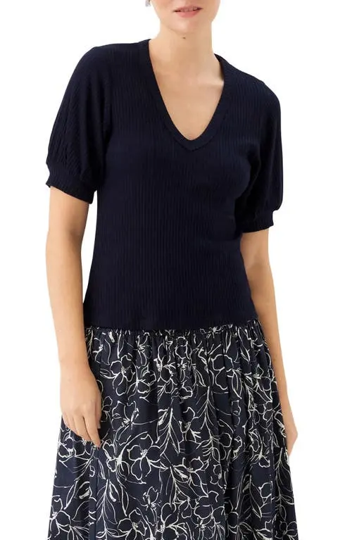Karen Kane Puff Sleeve Ribbed V-neck Top - Navy