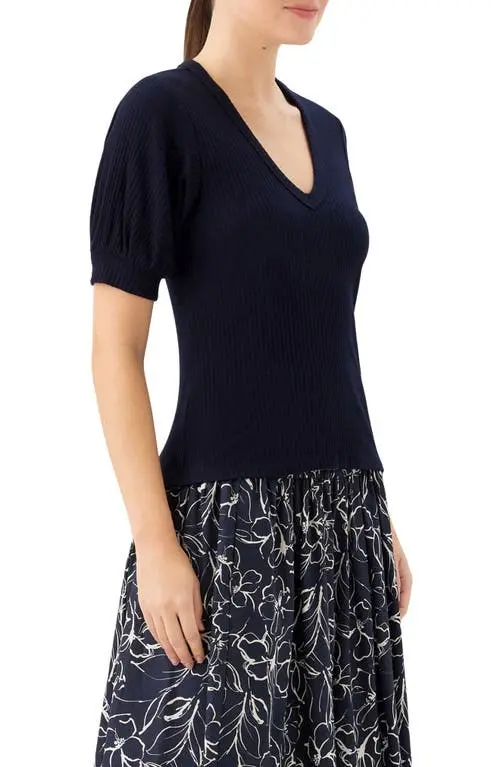 Karen Kane Puff Sleeve Ribbed V-neck Top