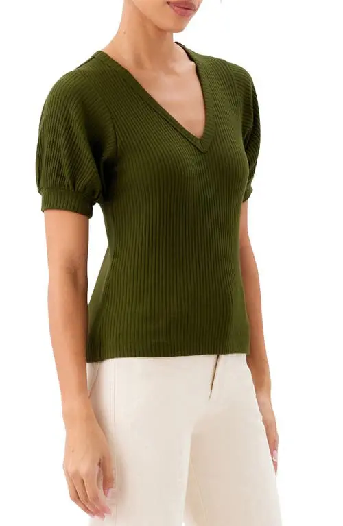 Karen Kane Puff Sleeve Ribbed V-neck Top - Olive