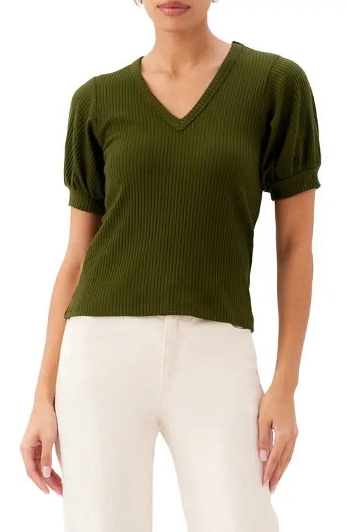 Karen Kane Puff Sleeve Ribbed V-neck Top - Olive