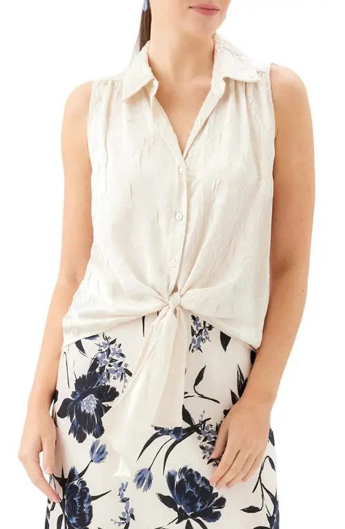 Karen Kane Sleeveless Tie Front Crushed Satin Top - Ecru