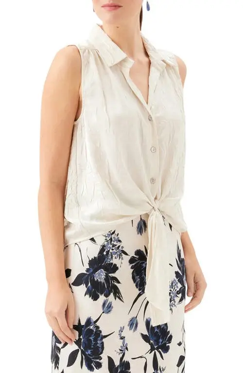 Karen Kane Sleeveless Tie Front Crushed Satin Top - Ecru