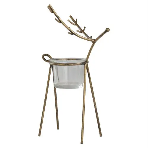 10003091 Antique Reindeer Tealight Holder Christmas Candle Decor - Gold