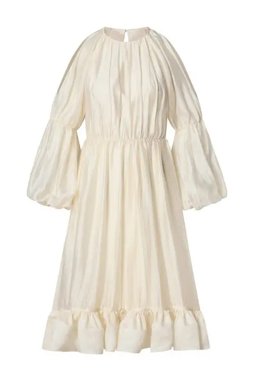 MALINA Leontine Pouf Sleeve Ruffled Midi Dress