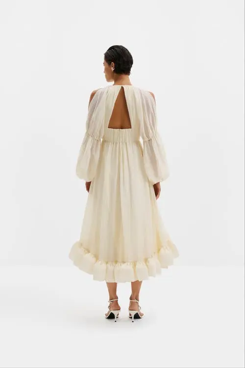 MALINA Leontine Pouf Sleeve Ruffled Midi Dress