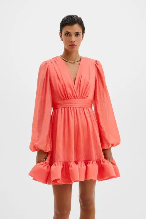 MALINA Jadie V-neck Ruffled Mini Dress - Coral