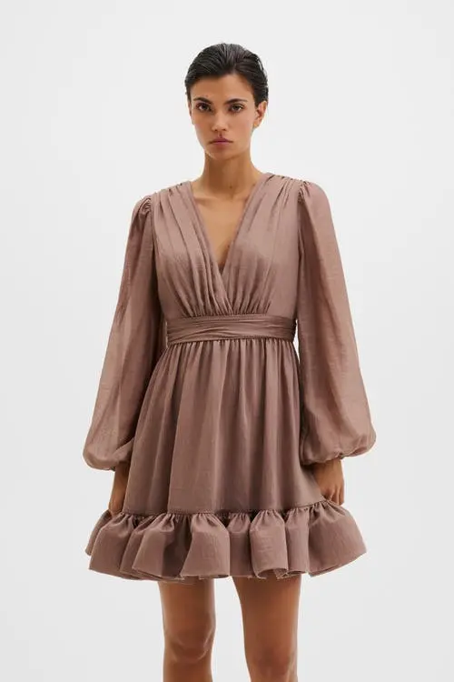 MALINA Jadie V-neck Ruffled Mini Dress - Taupe