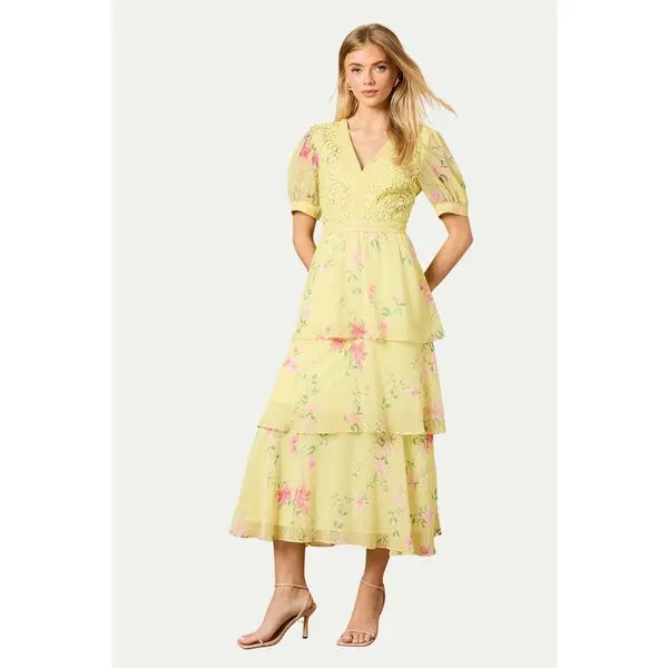 OASIS Floral Lace Tiered Midi Dress - Chartreuse