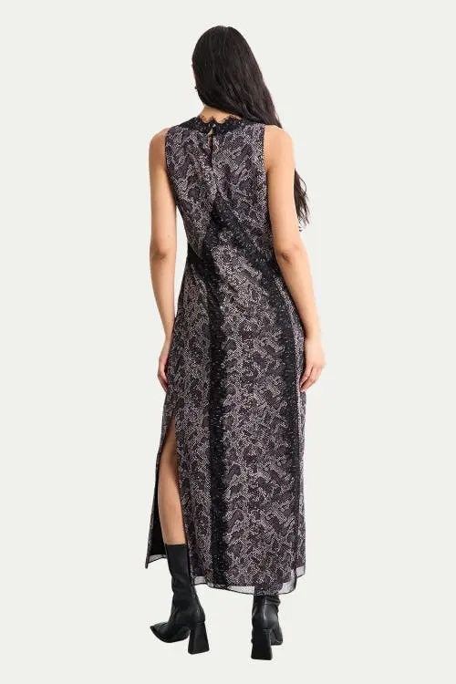 WAREHOUSE Printed Lace Trim V-neck Midi Dress