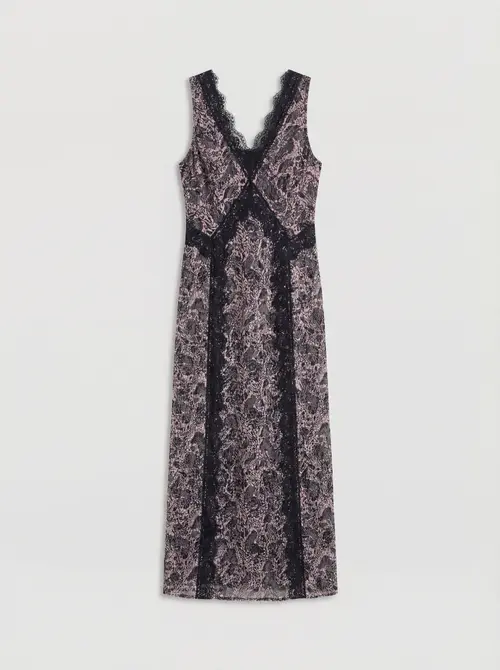 WAREHOUSE Printed Lace Trim V-neck Midi Dress