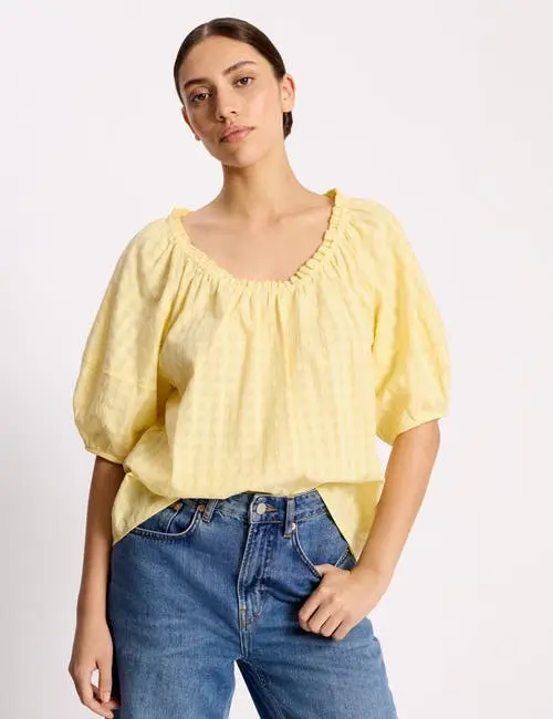 ALBARAY Seersucker Puff Sleeve Blouse - Lemon