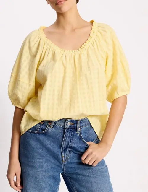 ALBARAY Seersucker Puff Sleeve Blouse