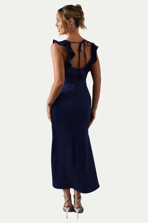 OASIS Satin Ruffled Square Neck Midi Dress - Navy