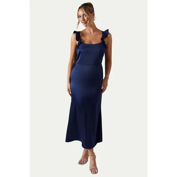 OASIS Satin Ruffled Square Neck Midi Dress - Navy