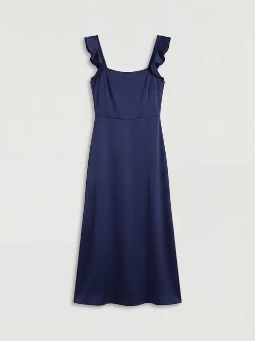 OASIS Satin Ruffled Square Neck Midi Dress - Navy
