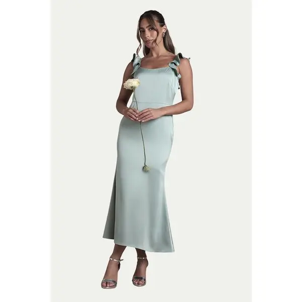 OASIS Satin Ruffled Square Neck Midi Dress - Sage