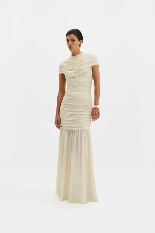 MALINA Loana Draped Chiffon Maxi Dress - Pearl