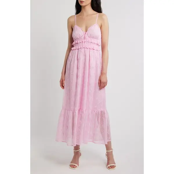 ALL IN FAVOR Ruffle Hem Eyelet Maxi Dress - Pink