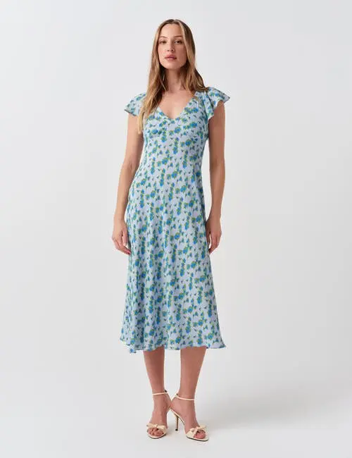GHOST LONDON Maya Floral Crepe Midi Dress - Blue Ditsy Floral