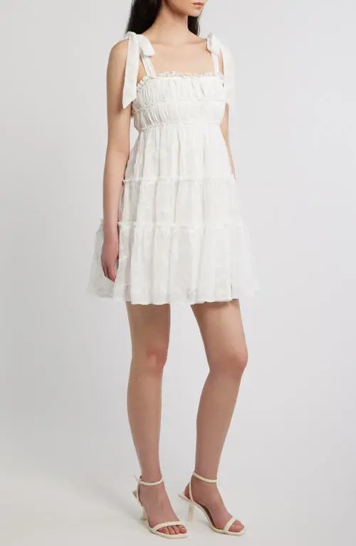 ALL IN FAVOR Tiered Eyelet Mini Sundress With Tie Straps - Ivory