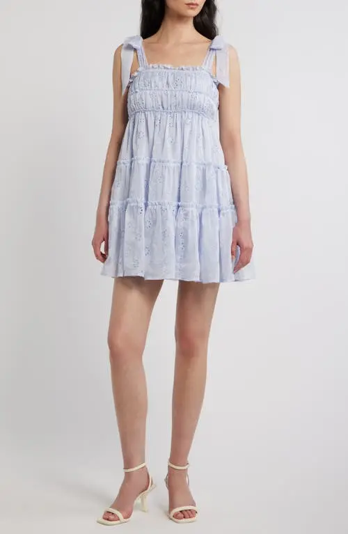 ALL IN FAVOR Tiered Eyelet Mini Sundress With Tie Straps - Light Blue