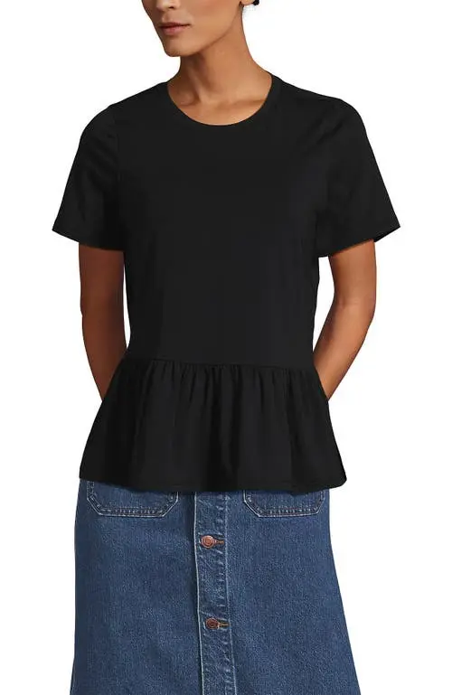 LANDS' END Short Sleeve Lightweight Jersey Crew Neck Peplum Tee - Black