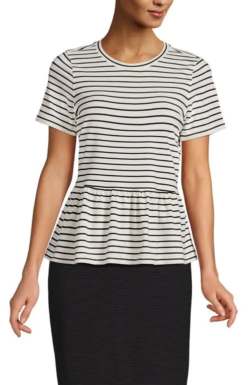 LANDS' END Short Sleeve Lightweight Jersey Crew Neck Peplum Tee - Ivory/black Stripes