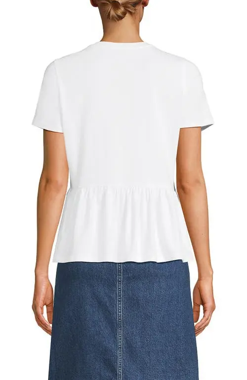 LANDS' END Short Sleeve Lightweight Jersey Crew Neck Peplum Tee - White