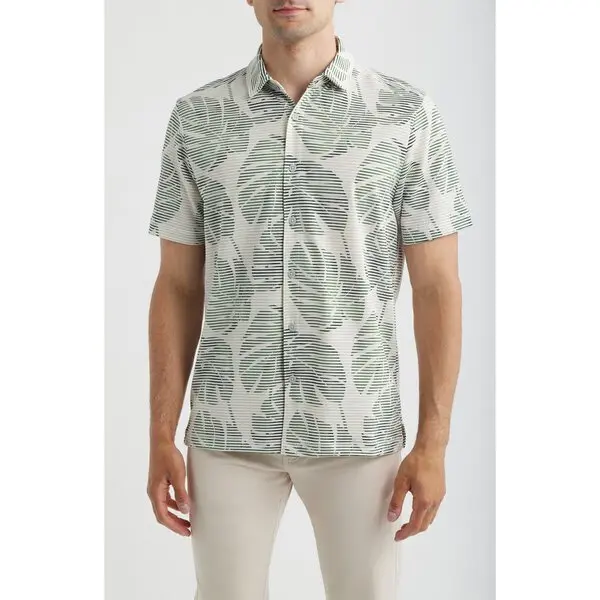 Tommy Bahama Costa Wave Monstera Mash Seersucker Stripe Islandzone® Short Sleeve Button-up Shirt - Dark Jade