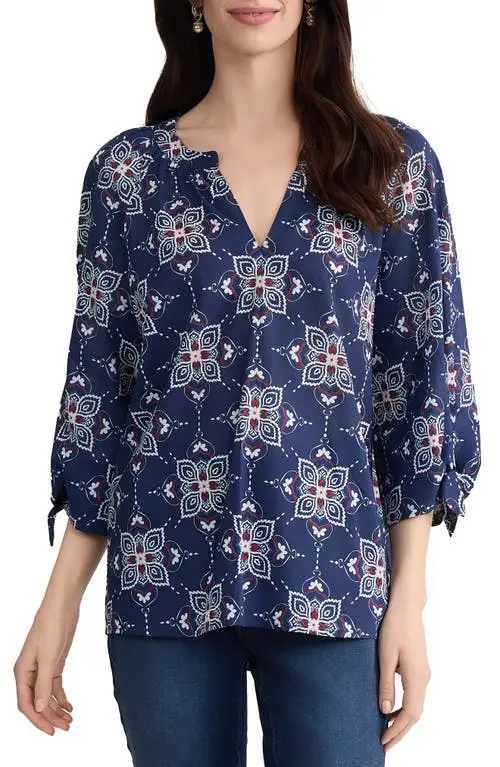Jones New York Printed Tie Cuff Raglan Sleeve Cotton Top - Pacific Navy Multi