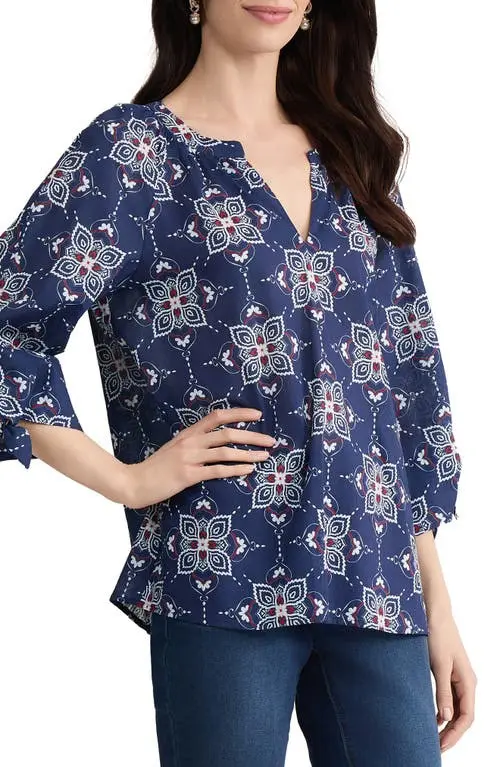 Jones New York Printed Tie Cuff Raglan Sleeve Cotton Top