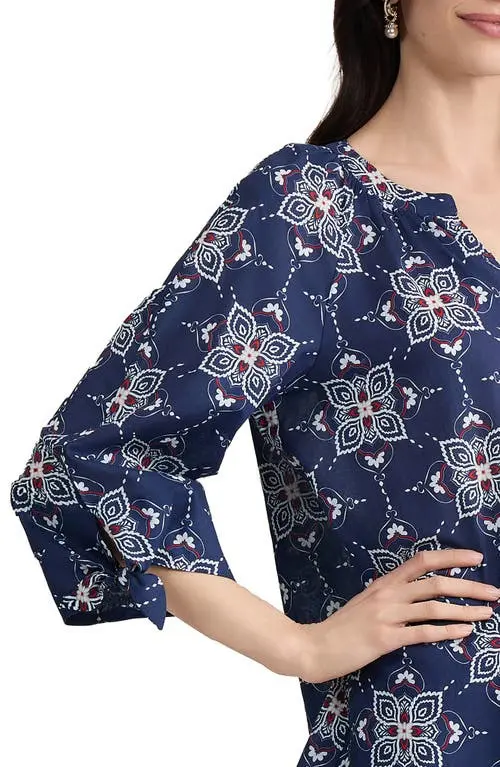 Jones New York Printed Tie Cuff Raglan Sleeve Cotton Top