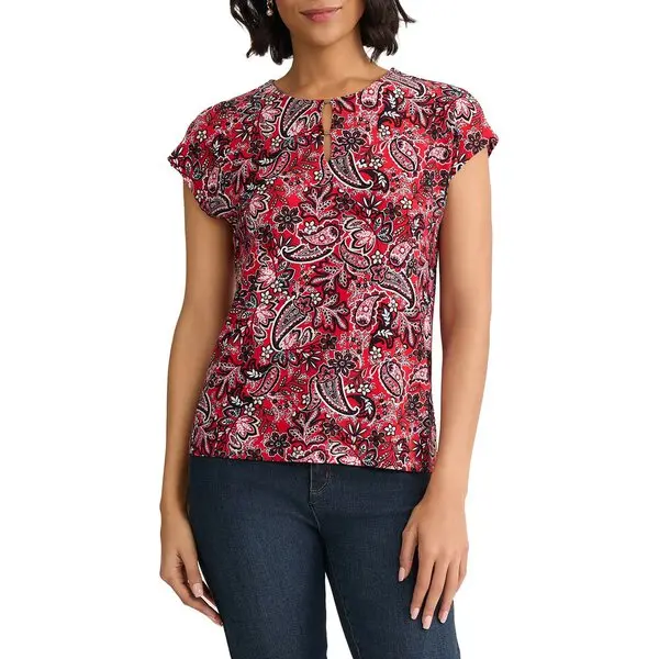 Jones New York Paisley Keyhole Crepe Knit Top - Rouge Multi