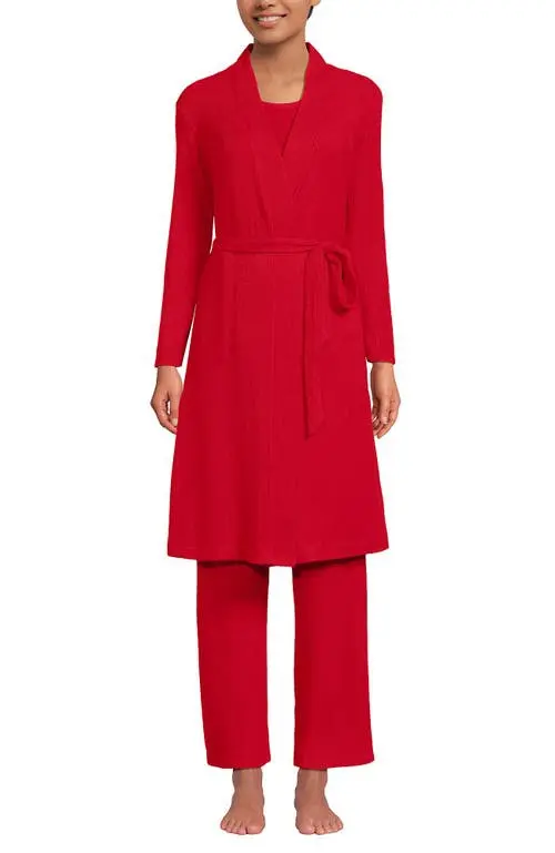 LANDS' END Brushed Cozy Waffle Jersey 3 Piece Pajama Settank Top Pant And Robe - Compass Red