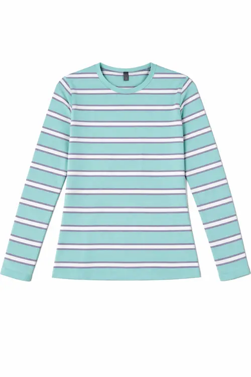 46227 Striped Flatlock Stitch Long Sleeve Tee - Mint