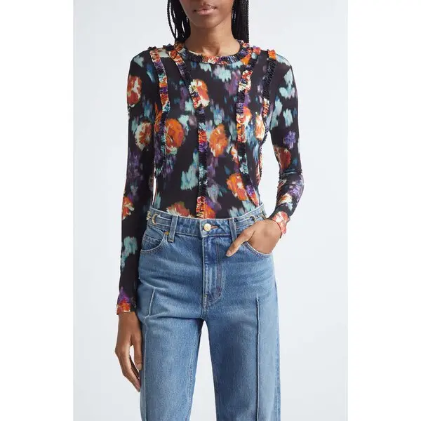 Ulla Johnson Clover Floral Frill Detail Jersey Top - Nocturne