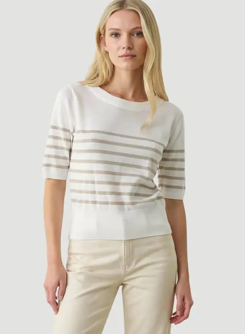 Majestic Filatures Stretch Linen Stripe Knit Boatneck 3/4 Sleeve - Desert