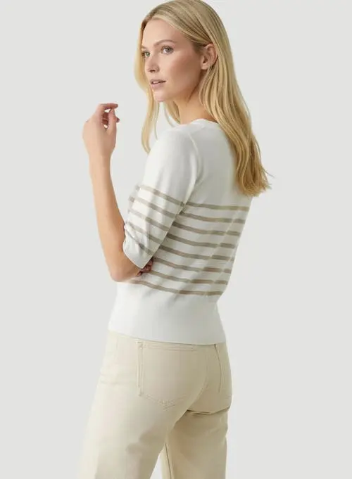 Majestic Filatures Stretch Linen Stripe Knit Boatneck 3/4 Sleeve