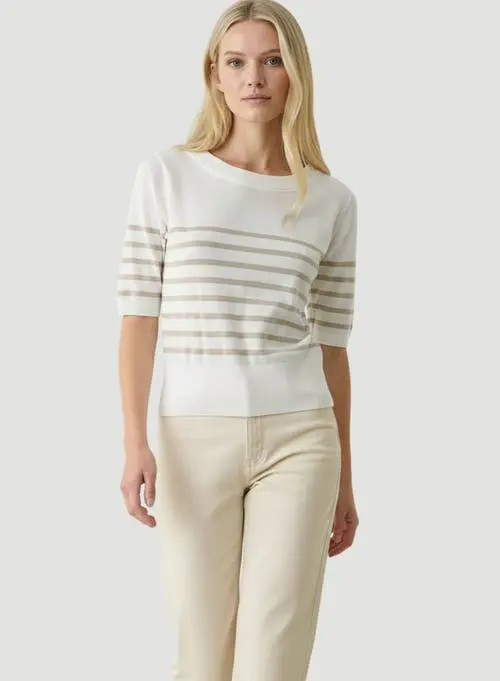 Majestic Filatures Stretch Linen Stripe Knit Boatneck 3/4 Sleeve