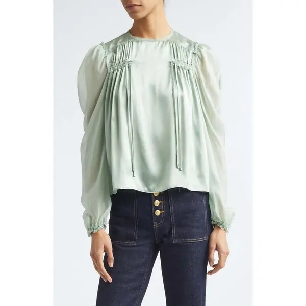 Ulla Johnson Odette Pleated Silk Sheer Balloon Sleeve Top