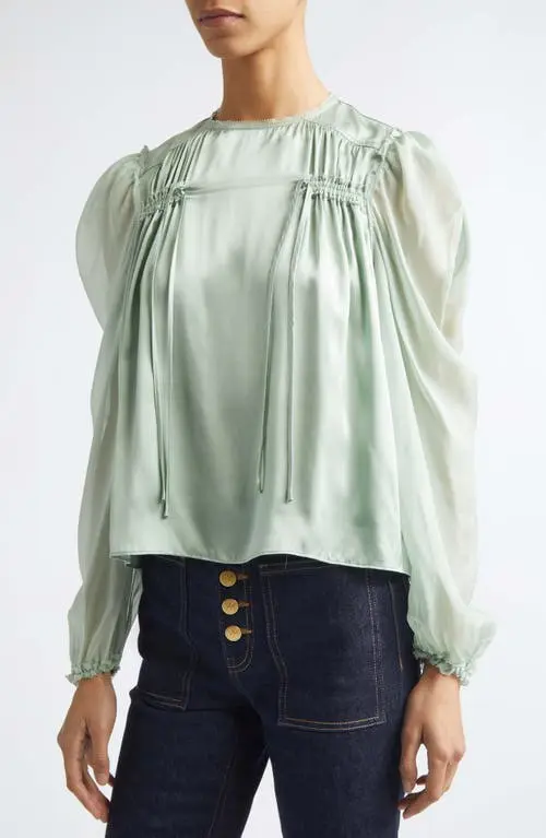 Ulla Johnson Odette Pleated Silk Sheer Balloon Sleeve Top