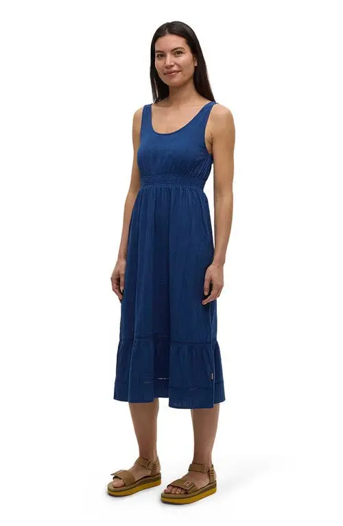 TENTREE Arcadian Dress Midi Tiered Textured Woven Fabric - Nightfall