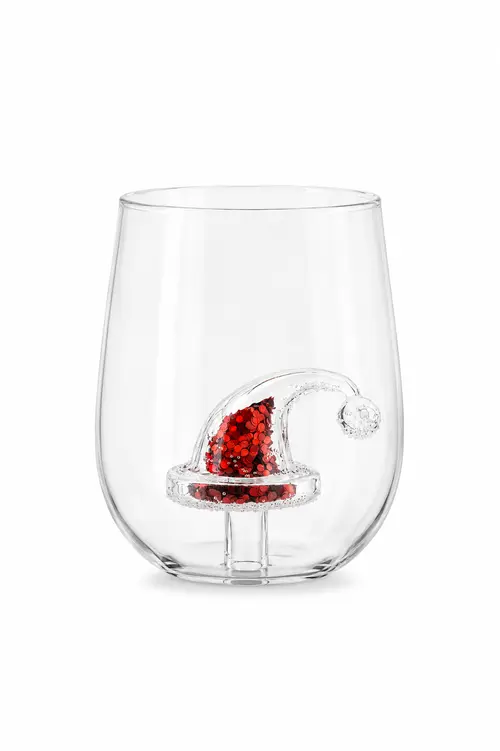 JEANNE FITZ Glitter Christmas Santa Hat Stemless Wine Glass