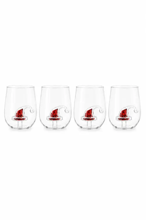 JEANNE FITZ Glitter Christmas Santa Hat Stemless Wine Glass
