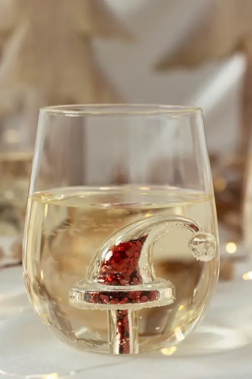 JEANNE FITZ Glitter Christmas Santa Hat Stemless Wine Glass