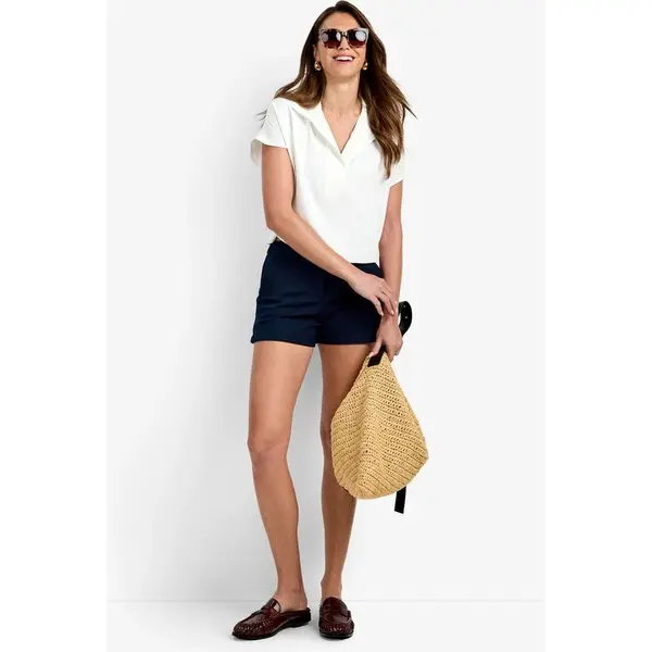 Trina Turk Stream Top Short Sleeve Collared Blouse - Whitewash