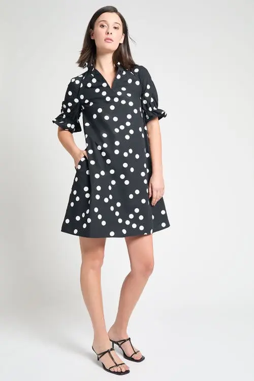 Ming Wang Ruffled Polka Dot Poplin Shift Dress