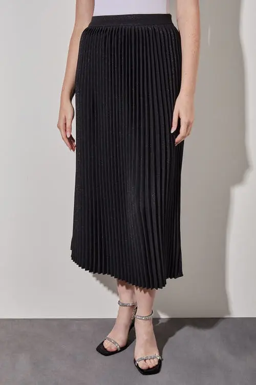 Ming Wang Midi Pleated Skirt With Shimmer Woven Detail - Black/silver