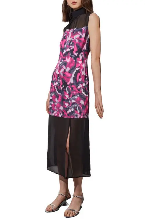 Ming Wang Abstract Floral Mixed Media Midi Dress