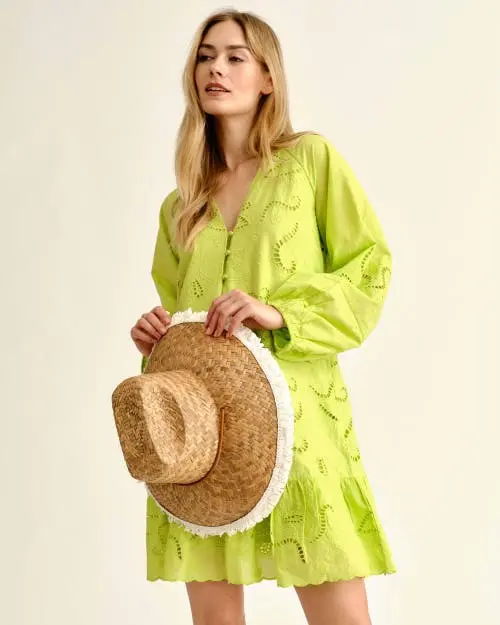 CARTOLINA Selwin Eyelet Mini Dress - Chartruese